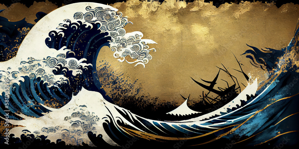 Japanese style background with image like rough sea, blue and gold ...