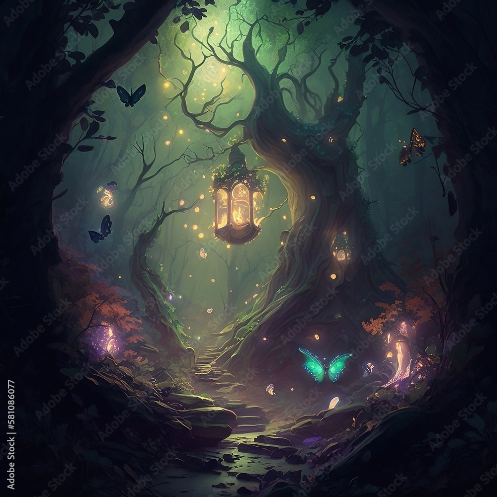 A mystical forest filled with glowing creatures, from tiny fairies to towering tree spirits ...