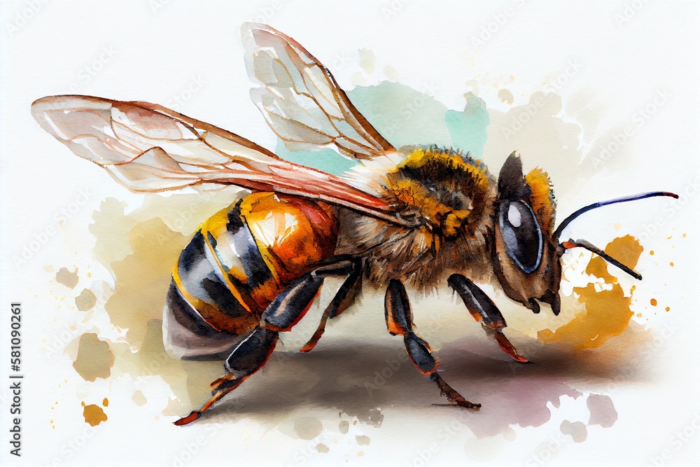 Watercolor Illustration of a Honey Bee On A White Background With A ...