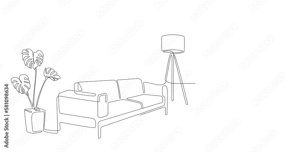 Continuous line interior with sofa, plan and floor lamp. One line ...