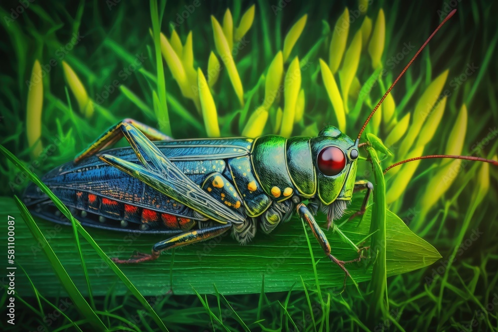 beautiful multi-colored grasshopper on grass among greenery of forest ...