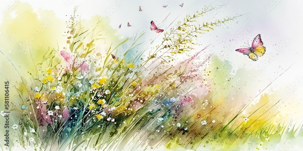 Watercolor painting of a spring meadow full of blooming flowers and ...