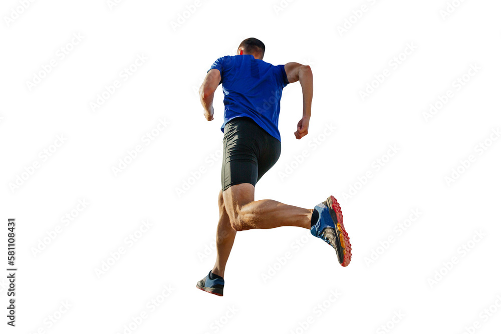 back athlete runner in blue shirt and black tights running mountain ...