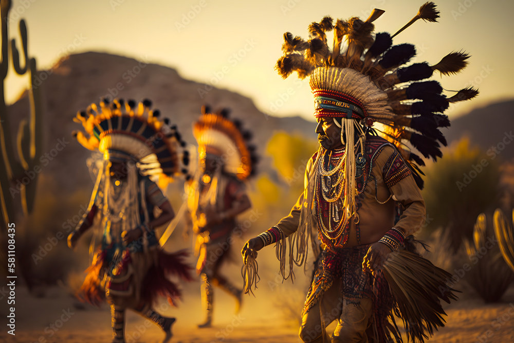 Dancing tribe Indians with headdresses with feathers on their heads in ...