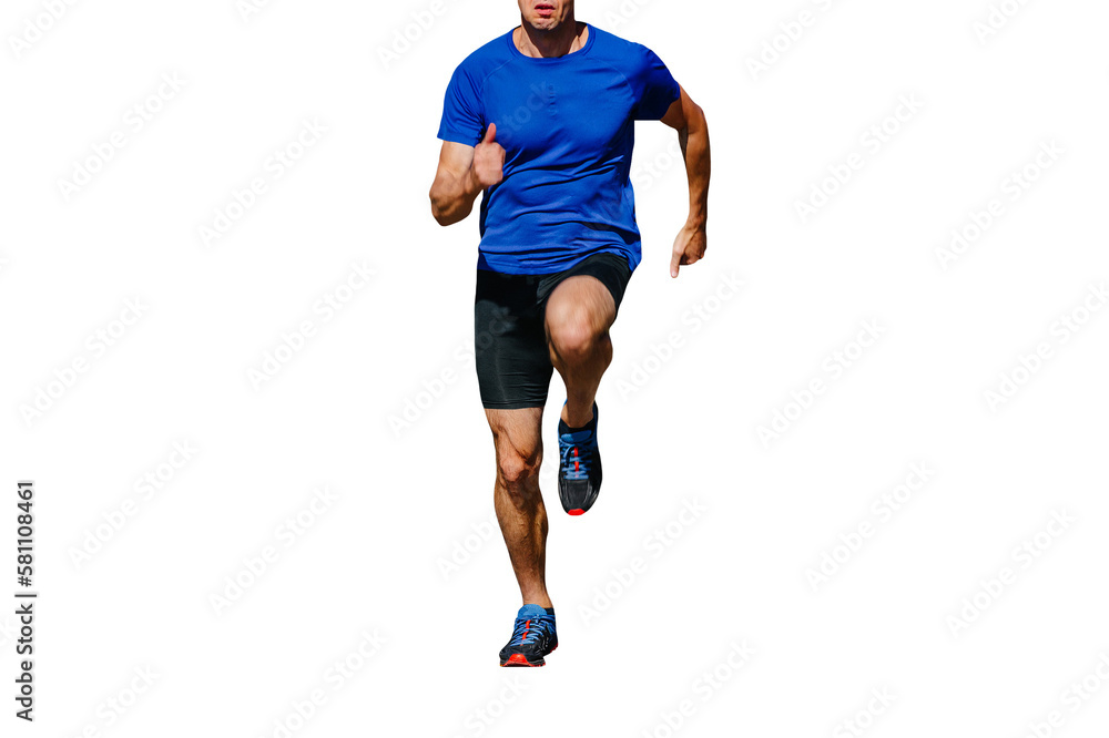 muscular male runner in blue shirt and black tights running, front view ...