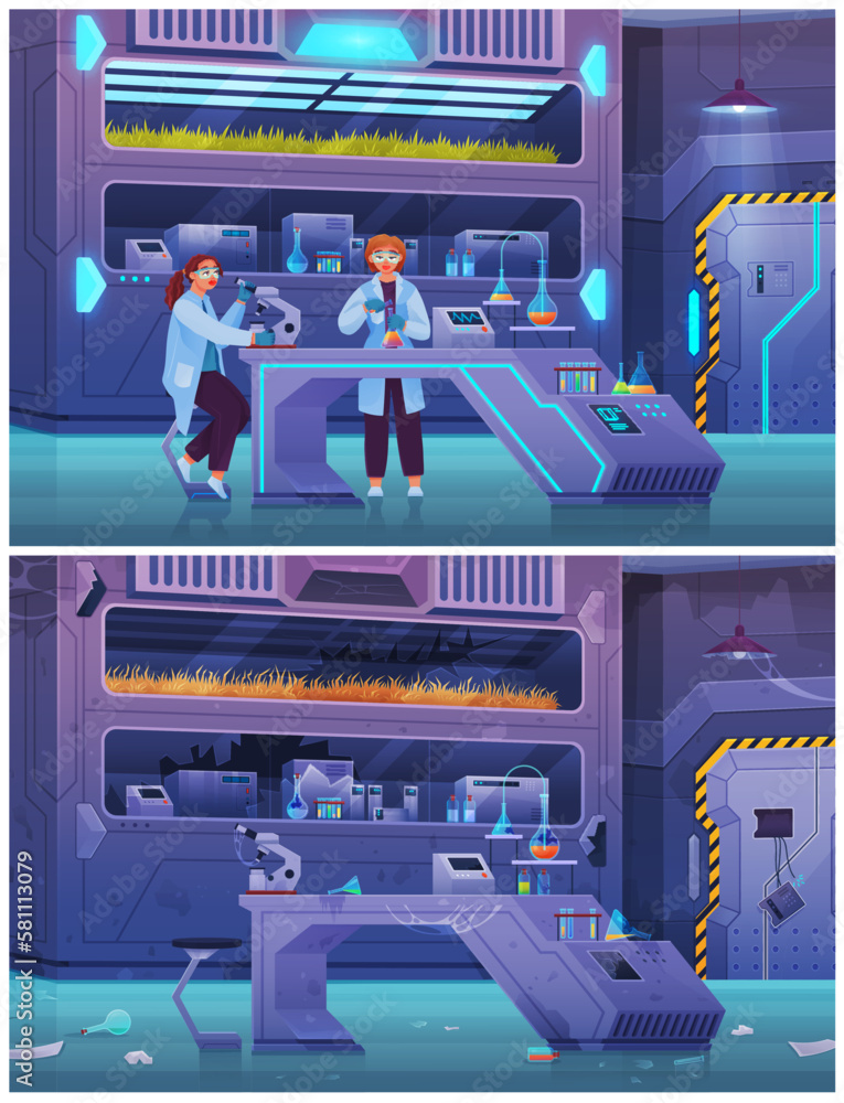 Scientific research chemical laboratory before and after destruction ...