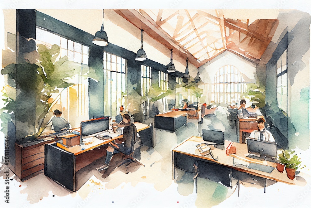 Watercolor Illustration of a Coworking Office With Industrial Loft ...