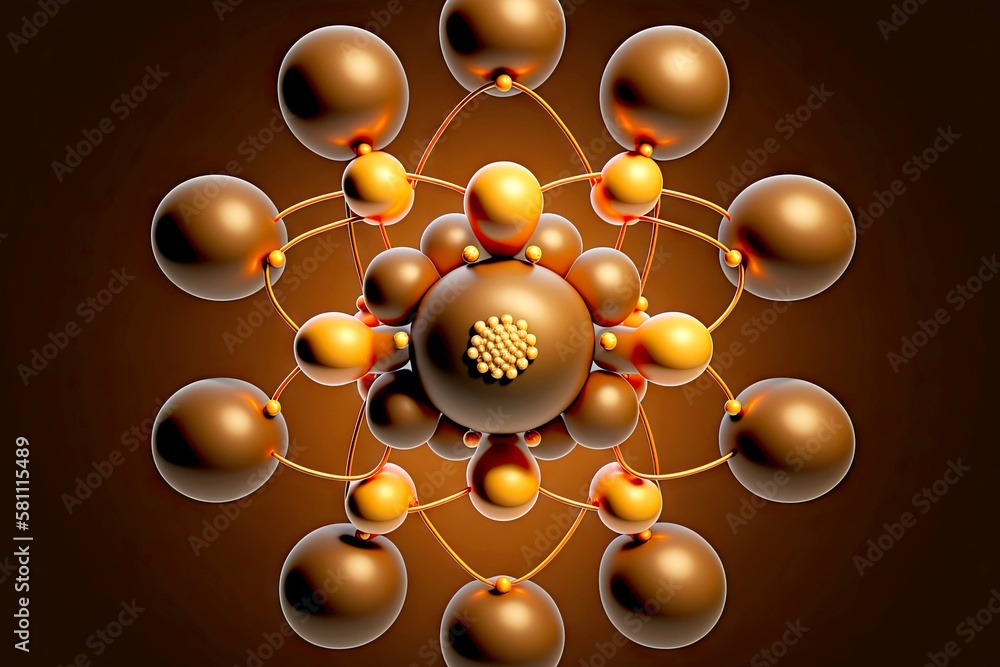 complex atom orbit structure with neutrons and protons on brown ...