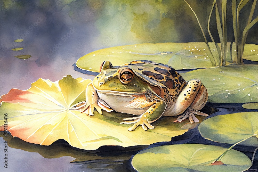 Watercolor Illustration of a Peaceful Painting Of A Toad Sitting On A ...