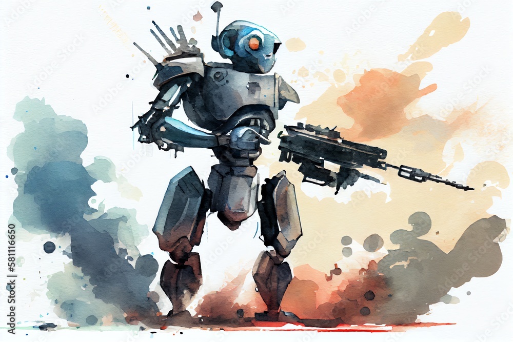 Watercolor Illustration of a Robot Is Armed, Protection Or Evil Robot ...