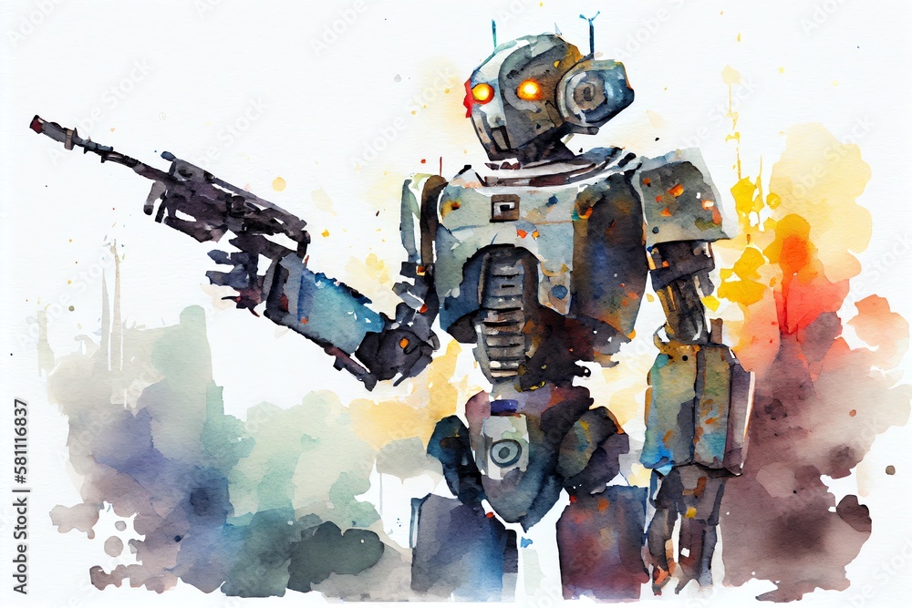 Watercolor Illustration of a Robot Is Armed, Protection Or Evil Robot ...