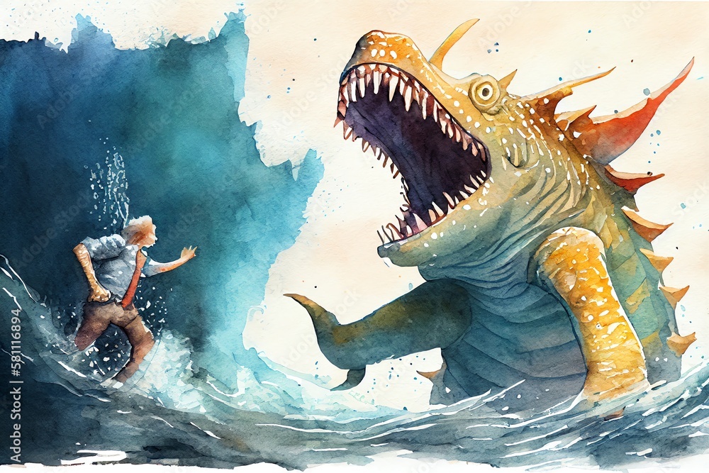 Watercolor Illustration of a Sea Monster Attacks A Clueless Diver ...