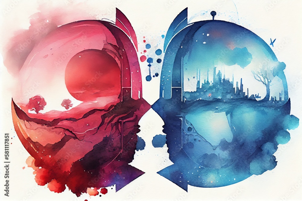 Watercolor Illustration of a Two Sides Of The Futuristic Worlds At Game ...
