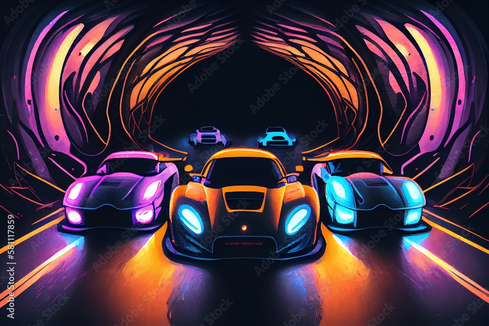 Watercolor Illustration of a Three Supercars Racing In Neon Light Tunnel. Generative AI Stock ...