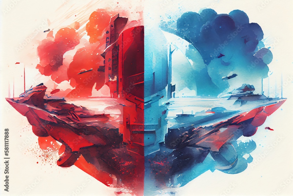 Watercolor Illustration of a Two Sides Of The Futuristic Worlds At Game ...