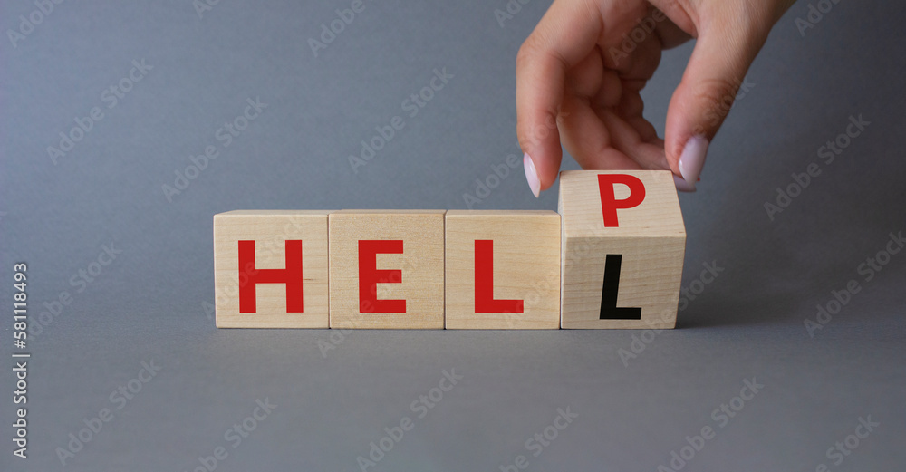 Help vs Hell symbol. Businessman hand Turnes cube and changes word Hell ...