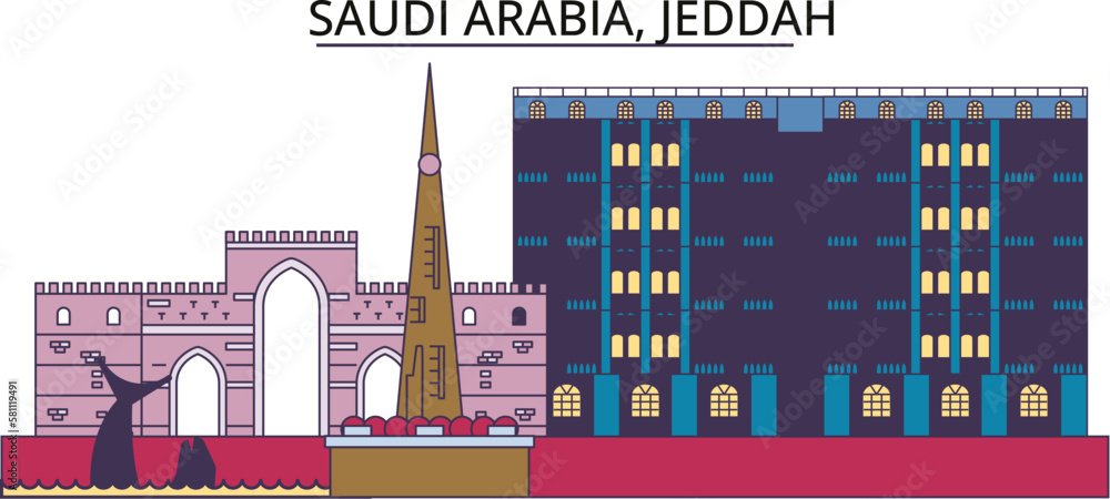 Saudi Arabia, Jeddah tourism landmarks, vector city travel illustration ...