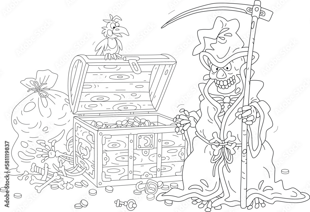 Creepy Death with its terrible scythe and an old chest full of golden ...