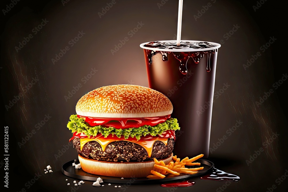 fast food from set of burger and french fries and drink of cola ...