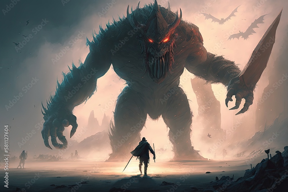 huge insidious monster with guardian warrior in battle, created with ...