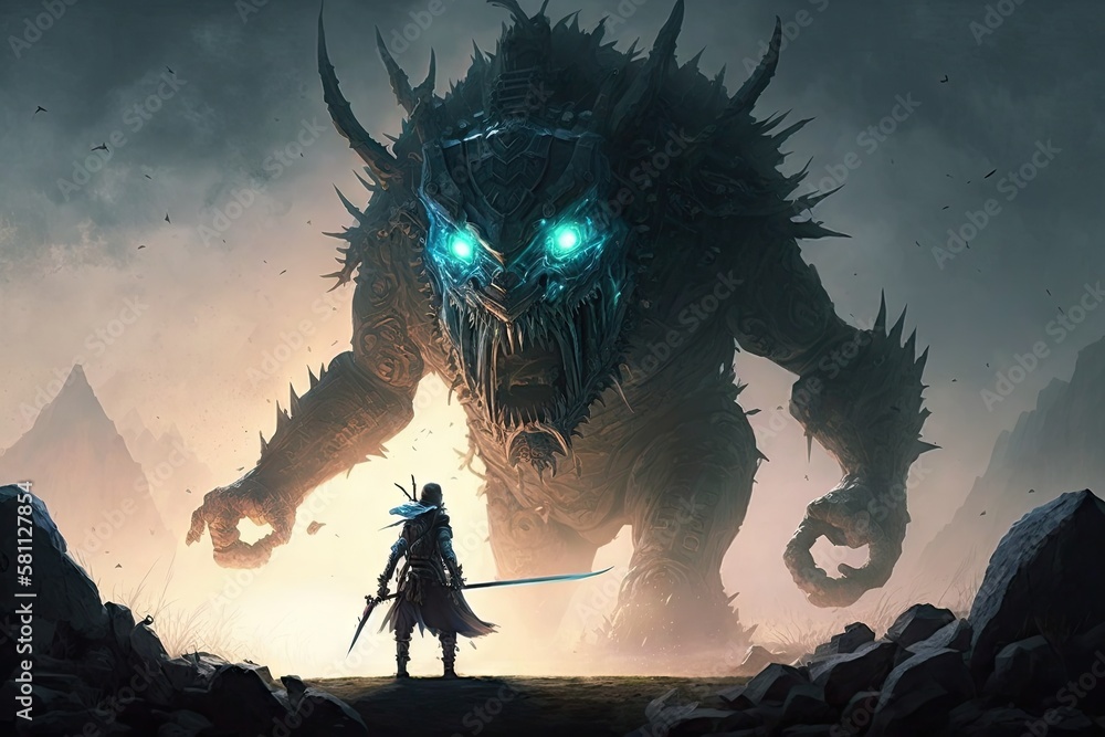 huge insidious monster with guardian warrior in battle, created with ...