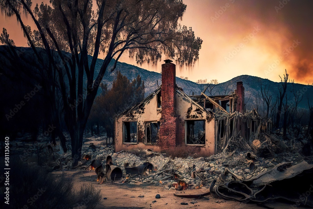 ruins and debris left after catastrophic fire in burning house, created ...