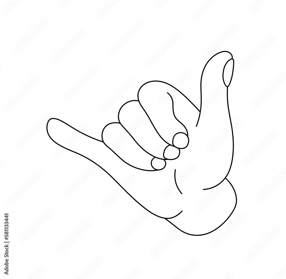 Vector isolated one single shaka hand gesture sign colorless black and ...