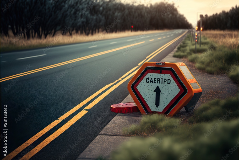 emergency stop sign installed on road in front of car accident, created ...