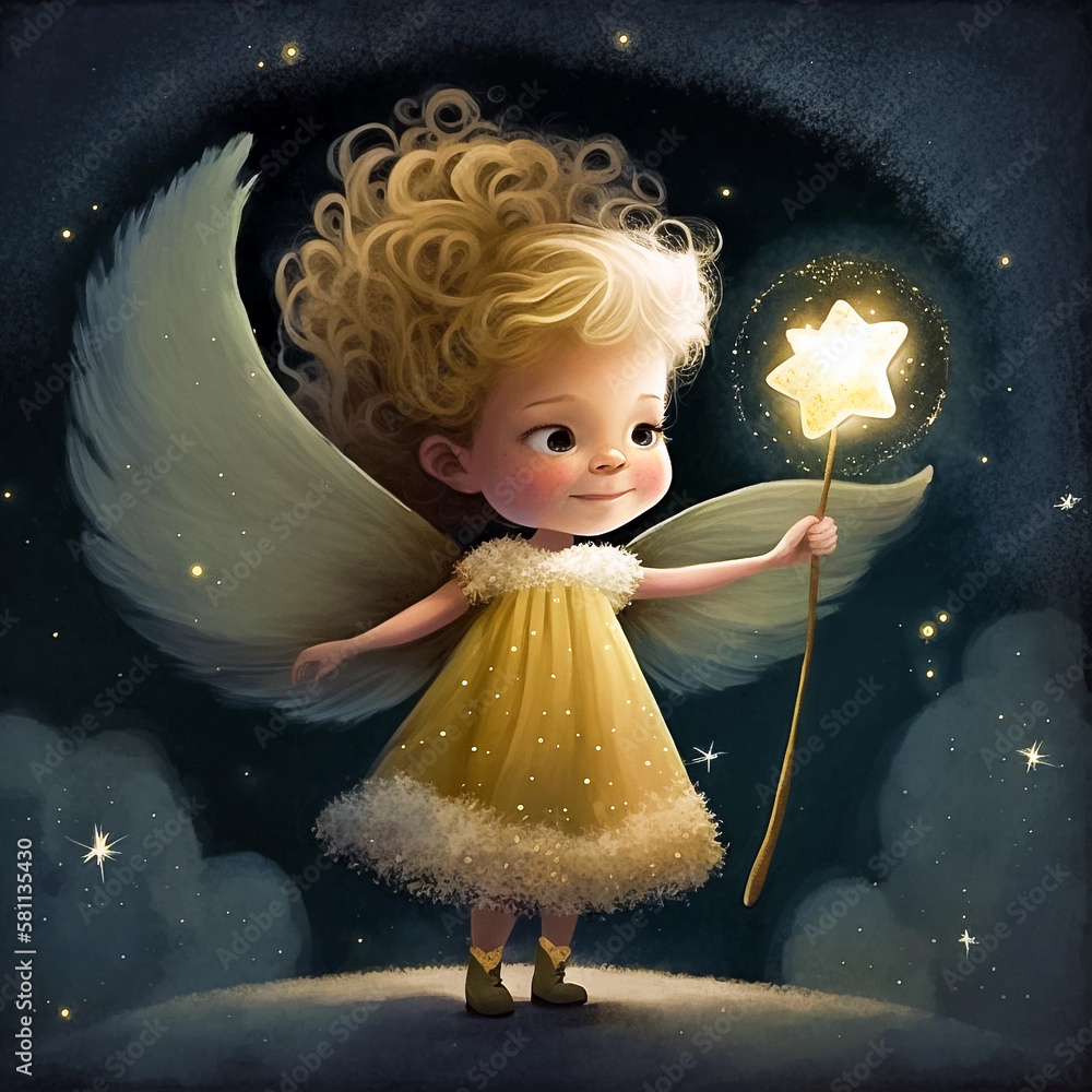Beautiful little angel with magic wand in the night sky, illustration ...