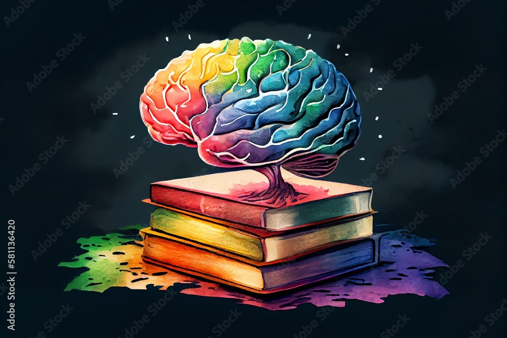 Watercolor Illustration of a Glowing Colored Brain On A Stack Of Books ...