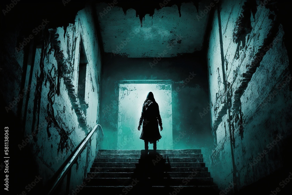 An abandoned house in the woods has a gloomy, terrifying window with ghostly light and shadows ...