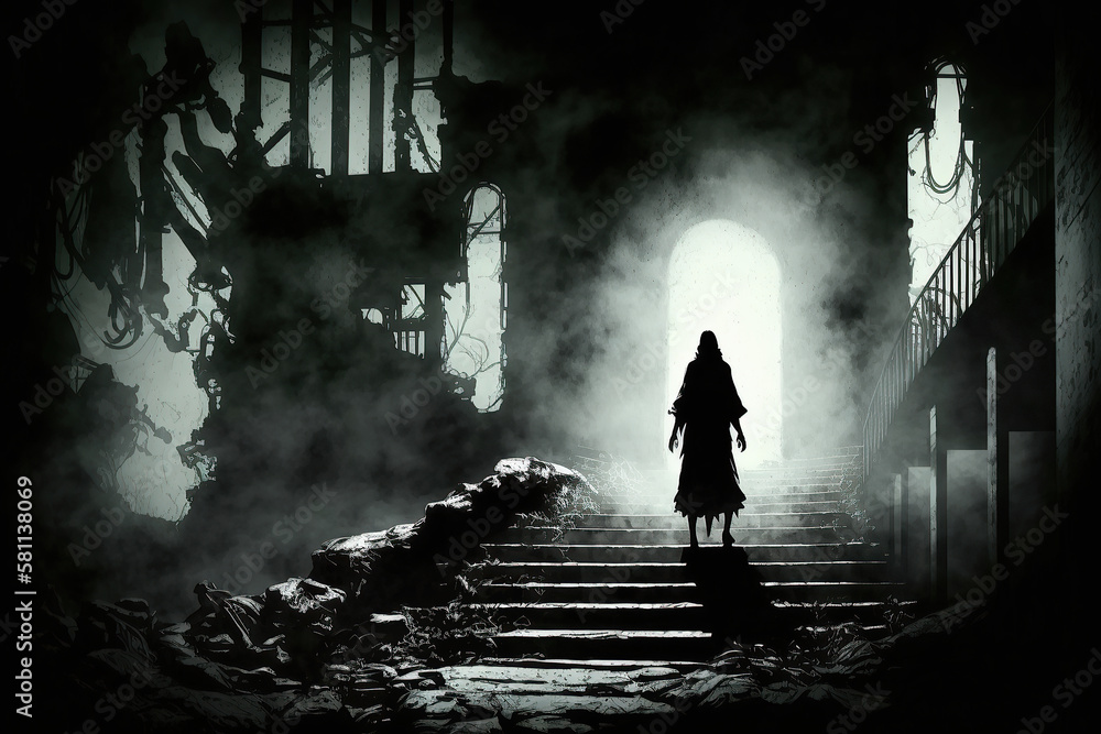 An abandoned house in the woods has a gloomy, terrifying window with ghostly light and shadows ...