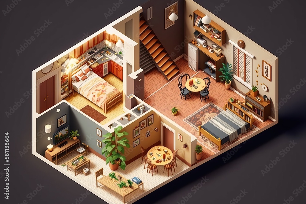 3D Isometric interior home plan room cute set design isolate on white ...