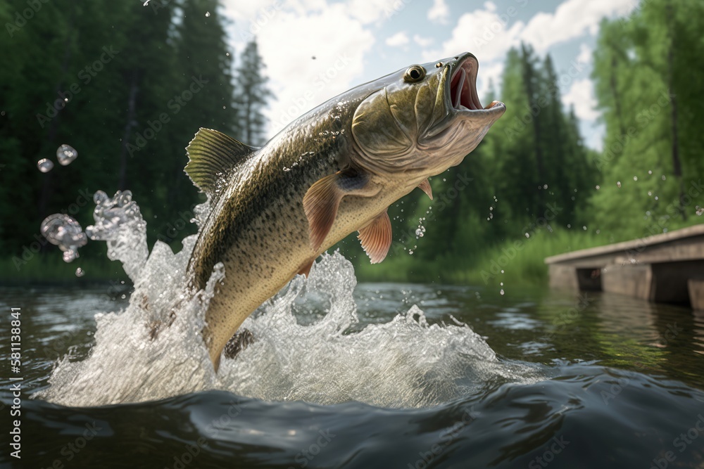 Wild fish jumping out of river water in a forest created by generative ...