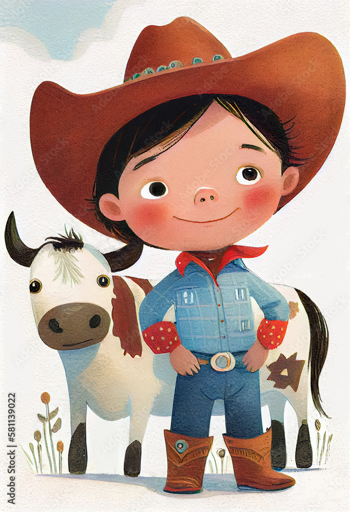 Cowboy girl with a little cow. Cartoon illustration for children's book ...