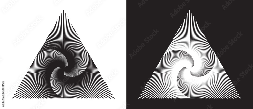 Triangles with lines in swirl. Black triangle over white background and ...