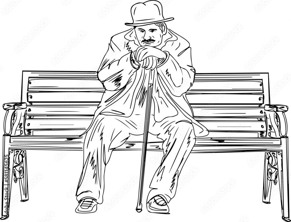 Vetor de Loneliness in Black and White A Line Art Drawing of an Elderly ...