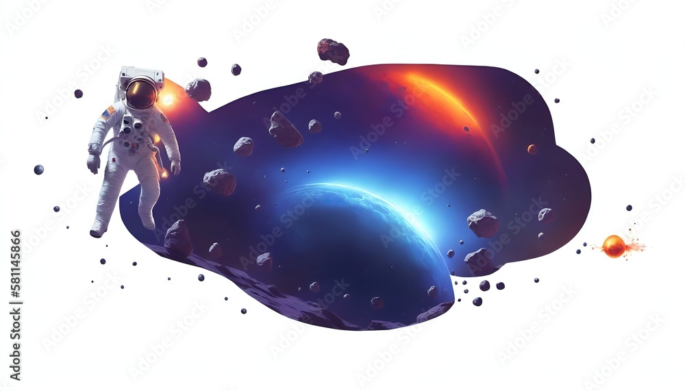 Watercolor illustration. Curvy shape cosmic sticker with spaceman ...