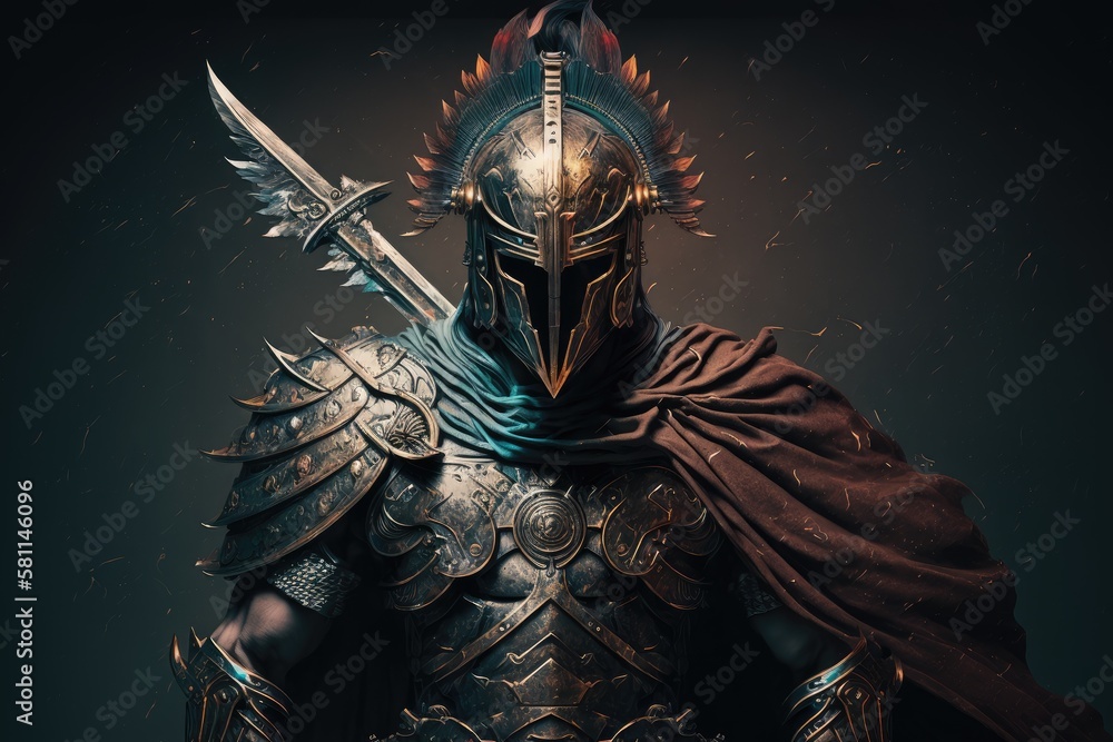 guardian warrior in ancient armor with overhead shield and sword ...