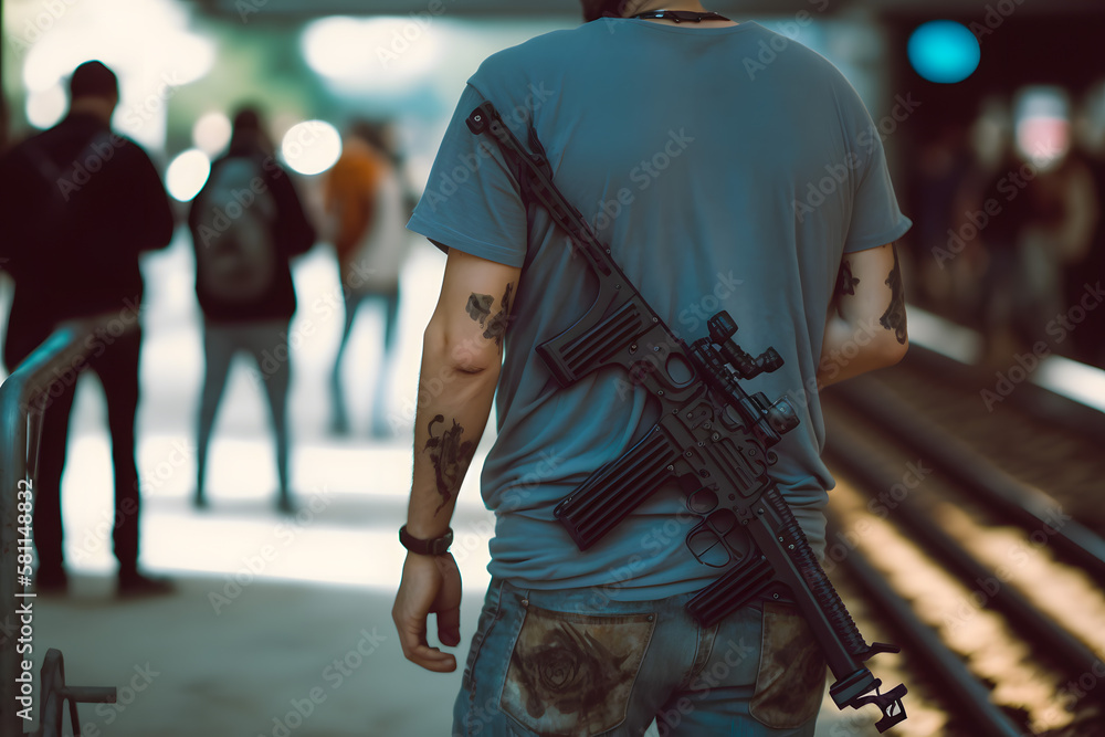 Man with a machine gun firearm on rail road platform station with many ...