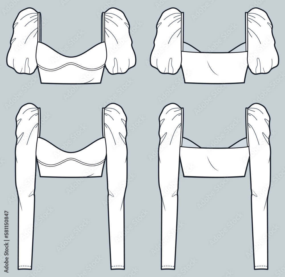 Short and long puff sleeve Crop Top technical fashion illustration. Set ...