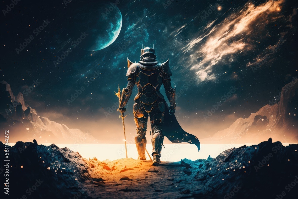 brave knight in armor stepping across surface of planet against ...