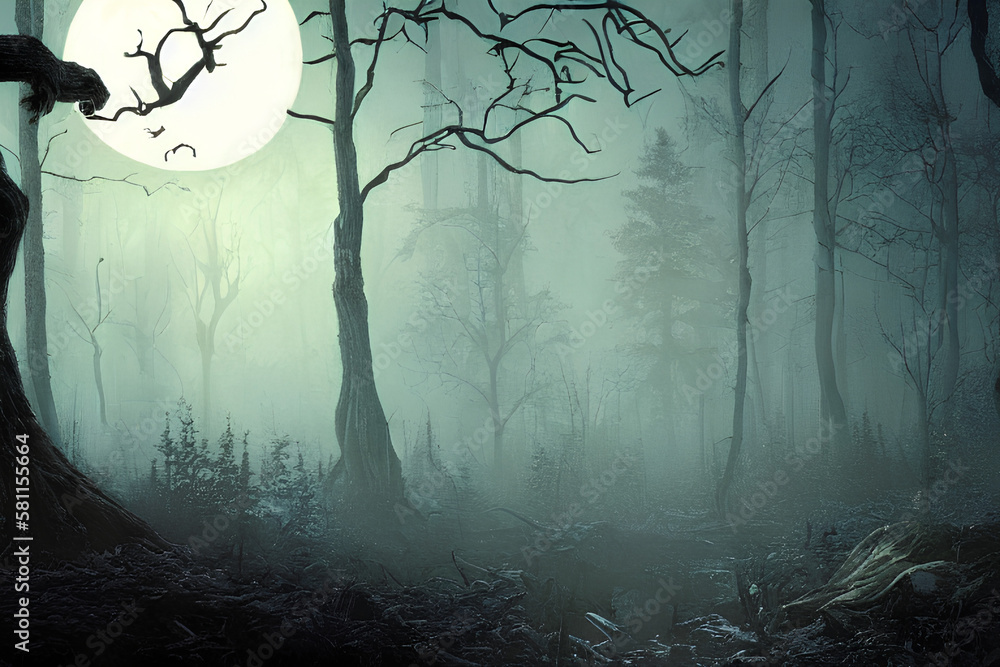 dark forest with a full moon in the background, concept art, conceptual ...