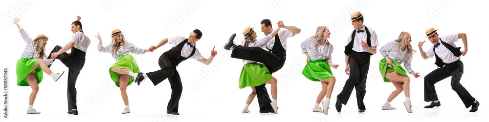 Collage. Beautiful girl and stylish man in retro style stage costumess ...