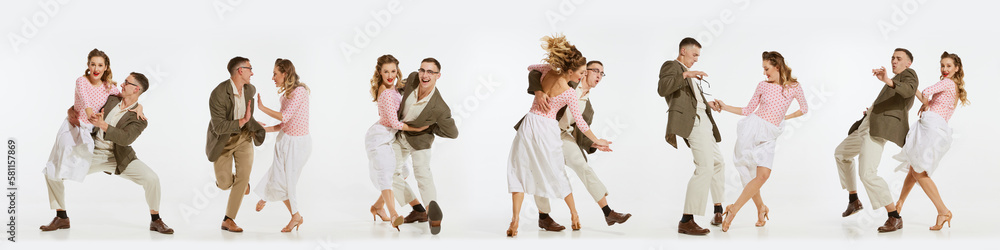 Collage. Young man and woman in vintage retro style outfits dancing ...