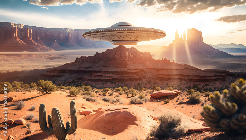 Alien UFO spaceship fly above Grand Canyon, Arizona desert USA, Zone 51 ...