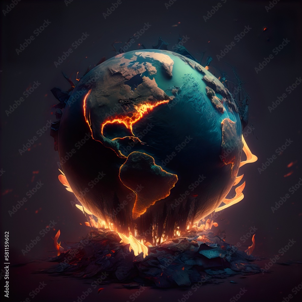 Generative AI illustration of fire flames burning Earth after global ...