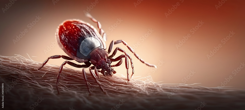 Infected tick on human skin. Ixodes lyme ricinus mite banner. Dangerous ...