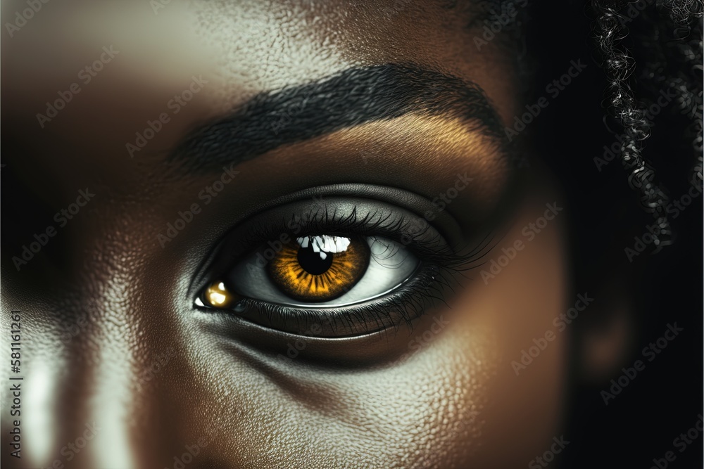 a close up of a person's face with a yellow eyeball in the center of ...