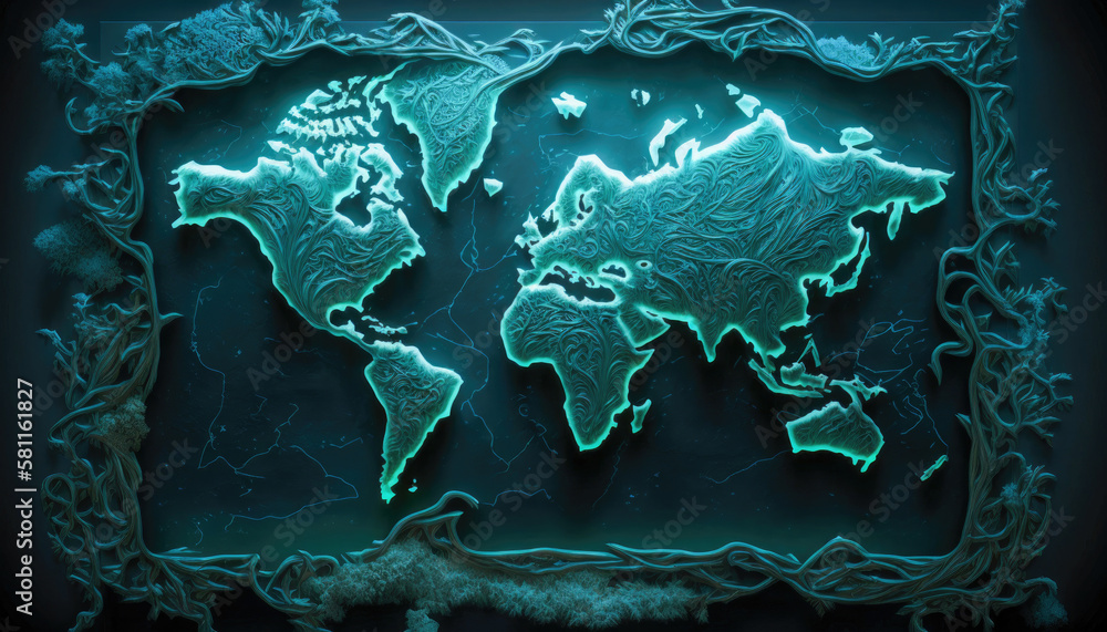 World Earth Map with a floral frame neon color Generative AI ...